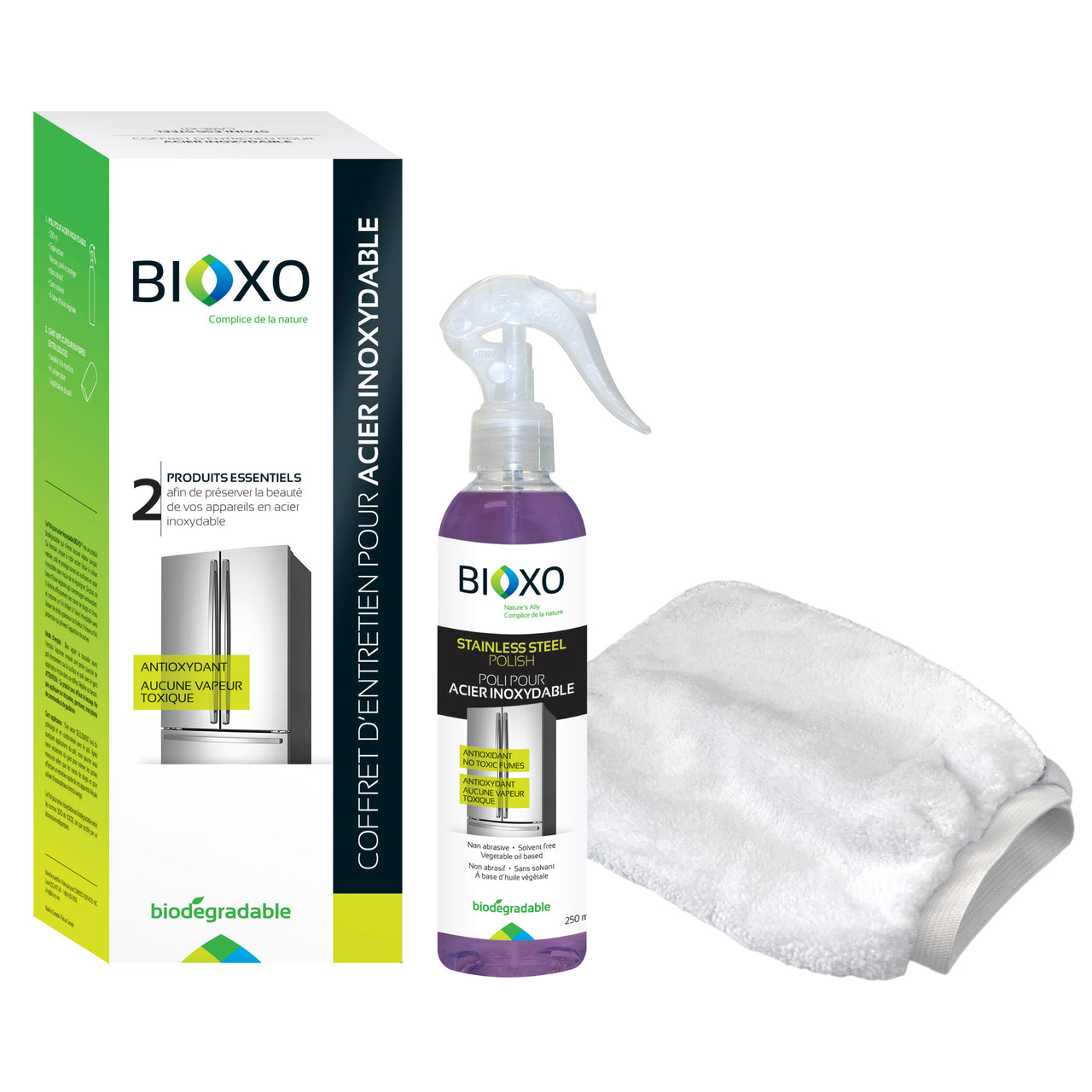 Bioxo-Ensemble d’entretien pour acier inoxydable 250 ml – Comerco