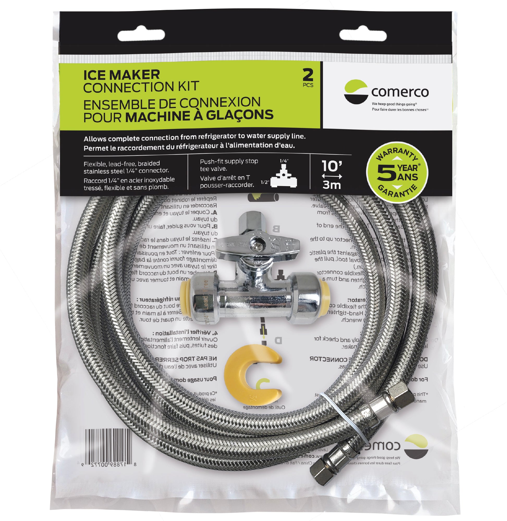 10' / 3 m Ice Maker Connection Kit - Braided Stainless Steel, Lead Fre ...